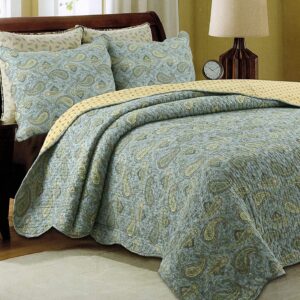 Cozy Line Home Fashions Classic Heritage Country Cottage 100% Cotton Reversible Quilt Bedding Set, Coverlet, Bedspread (Green Paisley, Queen - 3 Piece)