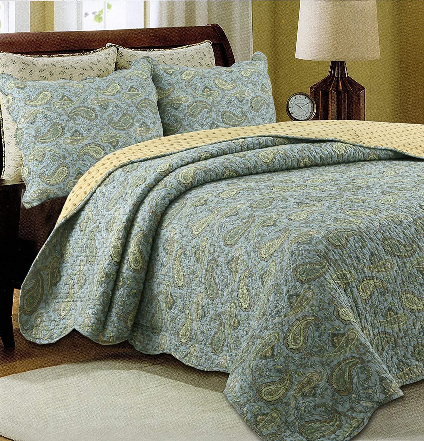 Cozy Line Home Fashions Classic Heritage Country Cottage 100% Cotton Reversible Quilt Bedding Set, Coverlet, Bedspread (Green Paisley, Queen - 3 Piece)