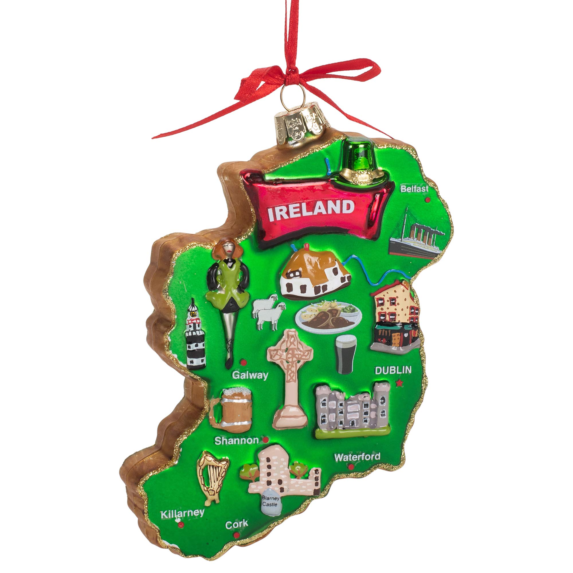 Kurt Adler Ireland Map Glass Ornament, 5.25 inch, Green