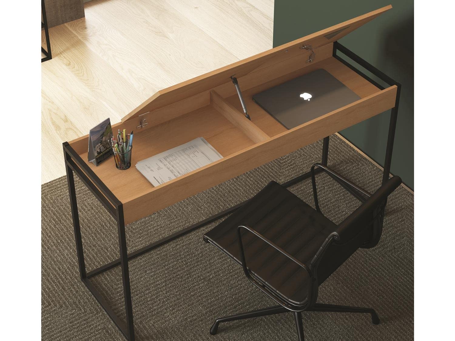 Casabianca Furniture Noa Office Desk in Birch Melamine with Black Metal Painted Frame.