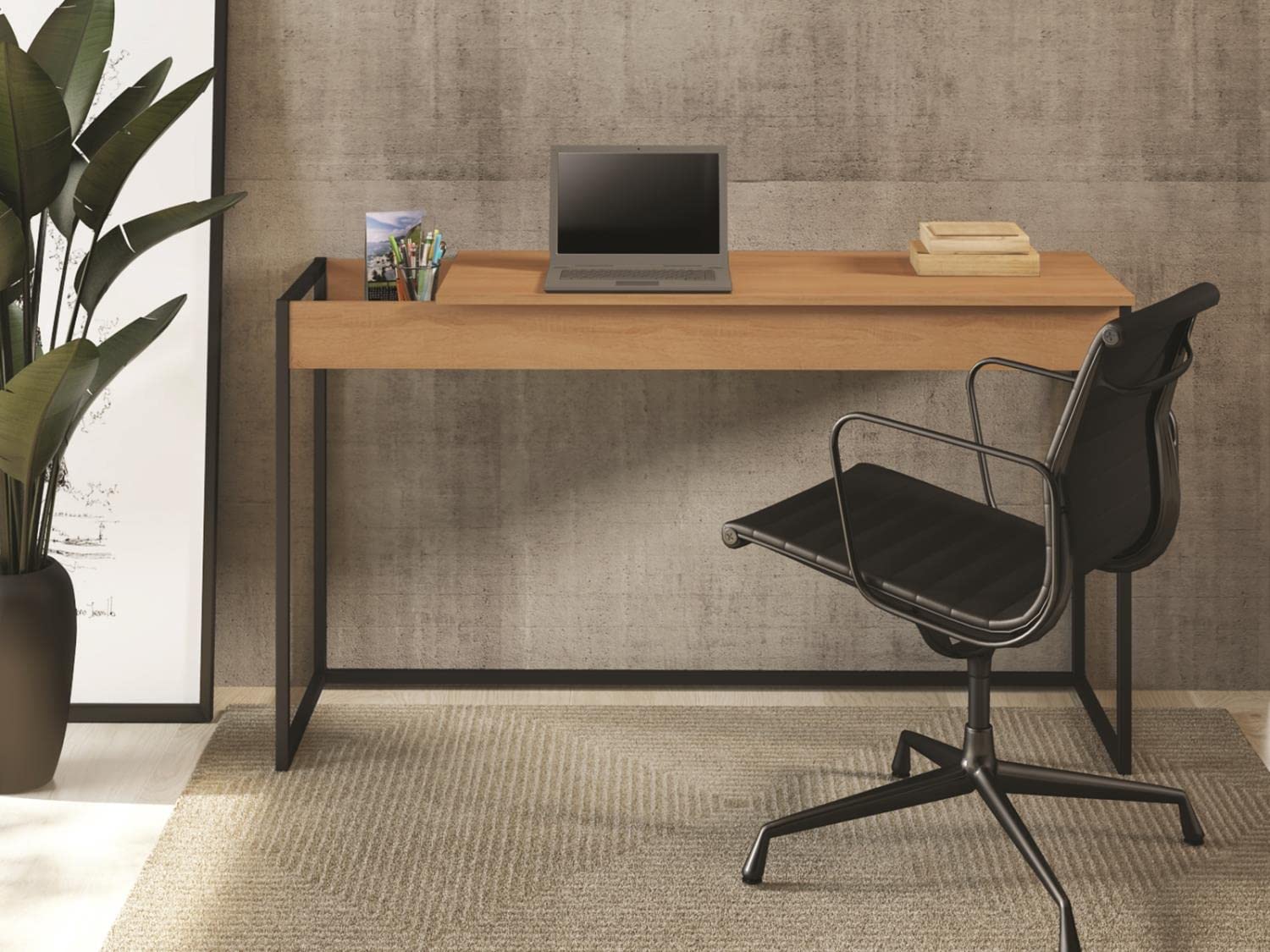 Casabianca Furniture Noa Office Desk in Birch Melamine with Black Metal Painted Frame.