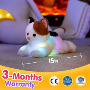 Glow Guards Light up Calico Cat Stuffed Animal LED Soft Kitty Plush Toy Pillow with Night Lights Lullaby Birthday Children's Day Gifts for Toddler Kids, 15''