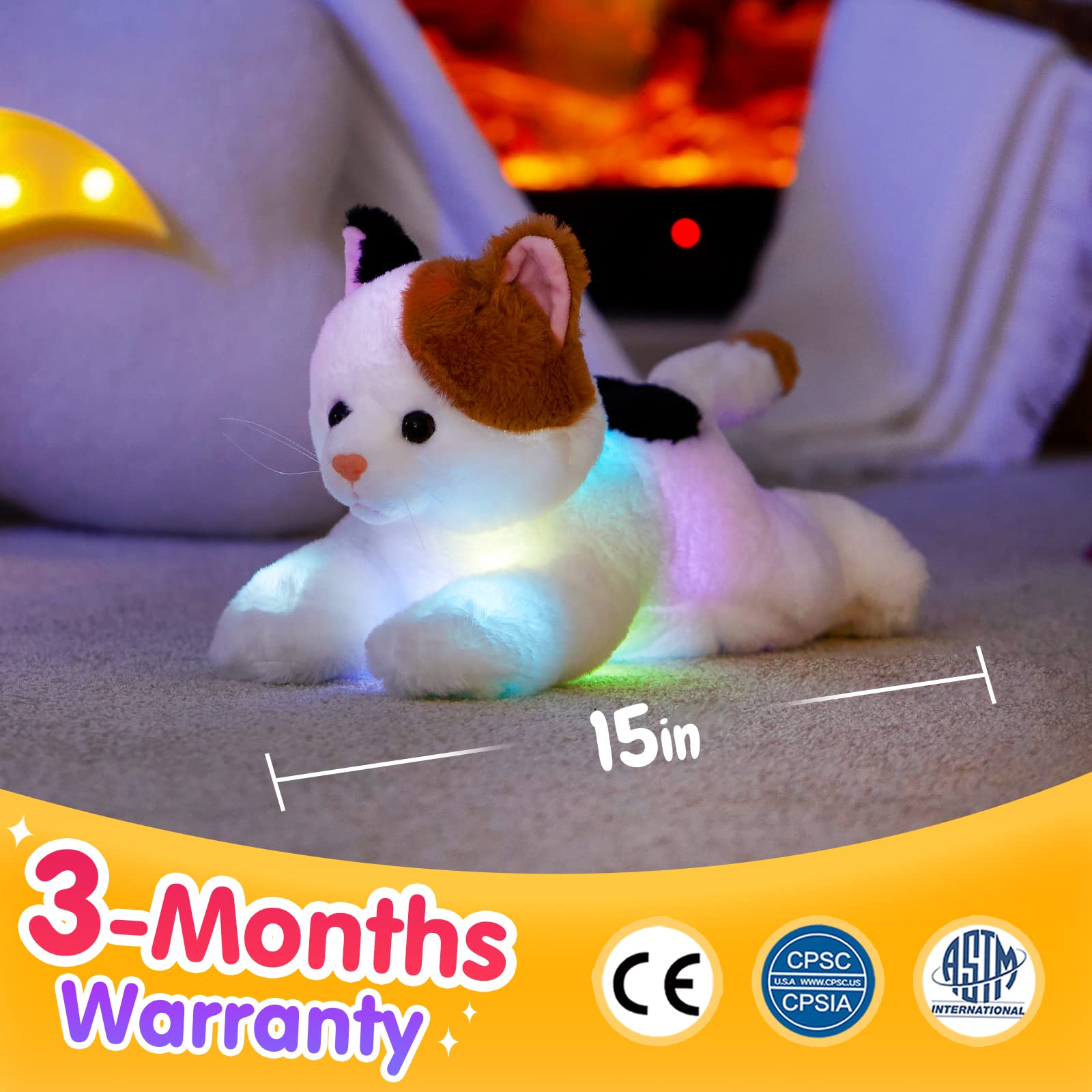 Glow Guards Light up Calico Cat Stuffed Animal LED Soft Kitty Plush Toy Pillow with Night Lights Lullaby Birthday Children's Day Gifts for Toddler Kids, 15''