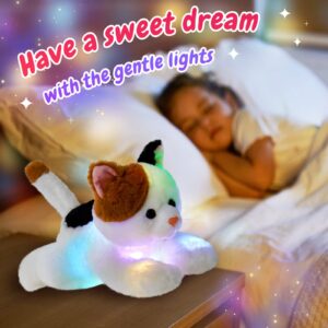 Glow Guards Light up Calico Cat Stuffed Animal LED Soft Kitty Plush Toy Pillow with Night Lights Lullaby Birthday Children's Day Gifts for Toddler Kids, 15''