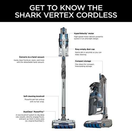 Shark IZ462H Vertex Ultra Lightweight Cordless Stick Vacuum with DuoClean PowerFins, Crevice, Pet Multi-Tool, Anti-Allergen, Brush, Removable Handheld, Flex, 60 min Runtime, Blue, MultiFLEX