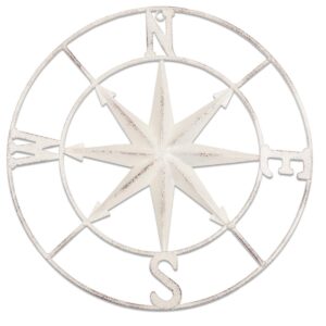 yiya 11.8" distressed metal compass decoration metal decorative compass for nautical decoration bedroom living room garden office wall hanging beach theme home decoration (white)