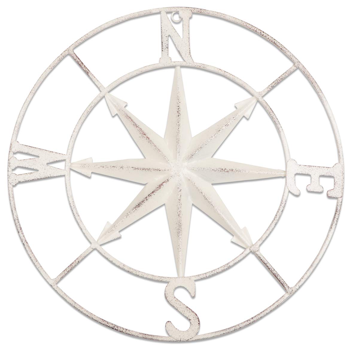 YIYA 11.8" Distressed Metal Compass Decoration Metal Decorative Compass for Nautical Decoration Bedroom Living Room Garden Office Wall Hanging Beach Theme Home Decoration (White)