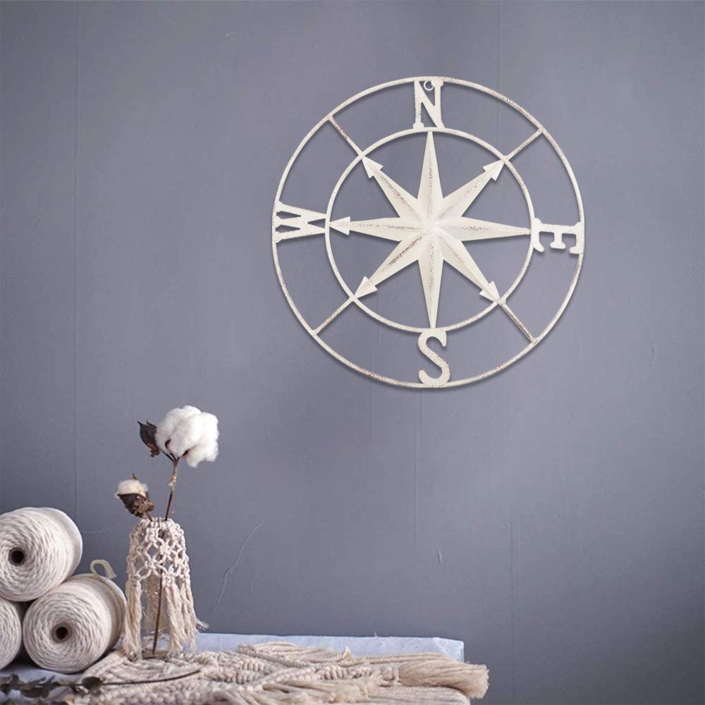 YIYA 11.8" Distressed Metal Compass Decoration Metal Decorative Compass for Nautical Decoration Bedroom Living Room Garden Office Wall Hanging Beach Theme Home Decoration (White)