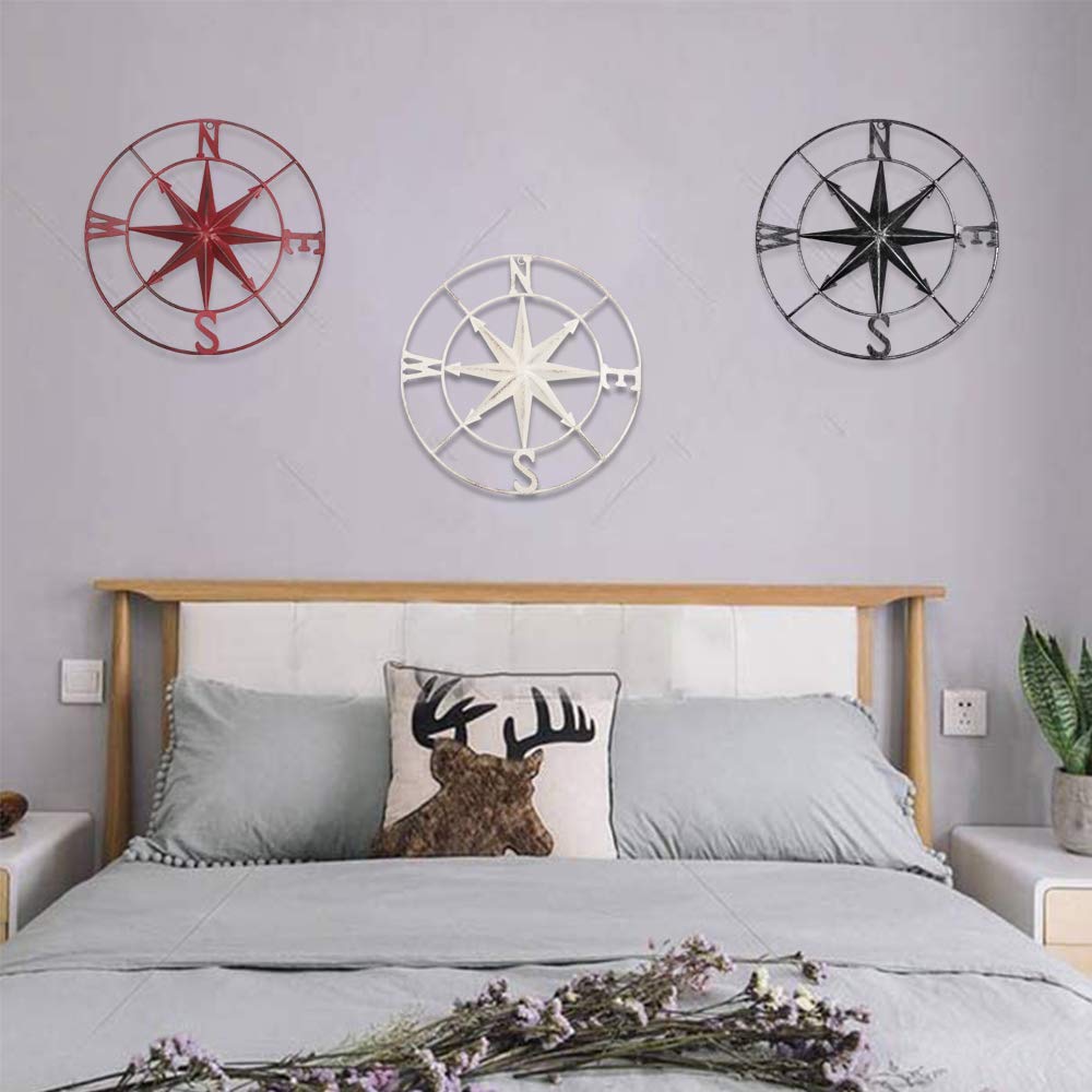 YIYA 11.8" Distressed Metal Compass Decoration Metal Decorative Compass for Nautical Decoration Bedroom Living Room Garden Office Wall Hanging Beach Theme Home Decoration (White)