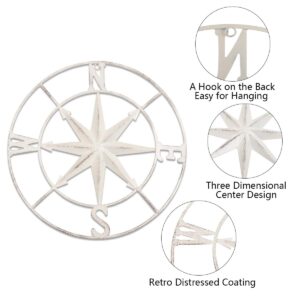 YIYA 11.8" Distressed Metal Compass Decoration Metal Decorative Compass for Nautical Decoration Bedroom Living Room Garden Office Wall Hanging Beach Theme Home Decoration (White)