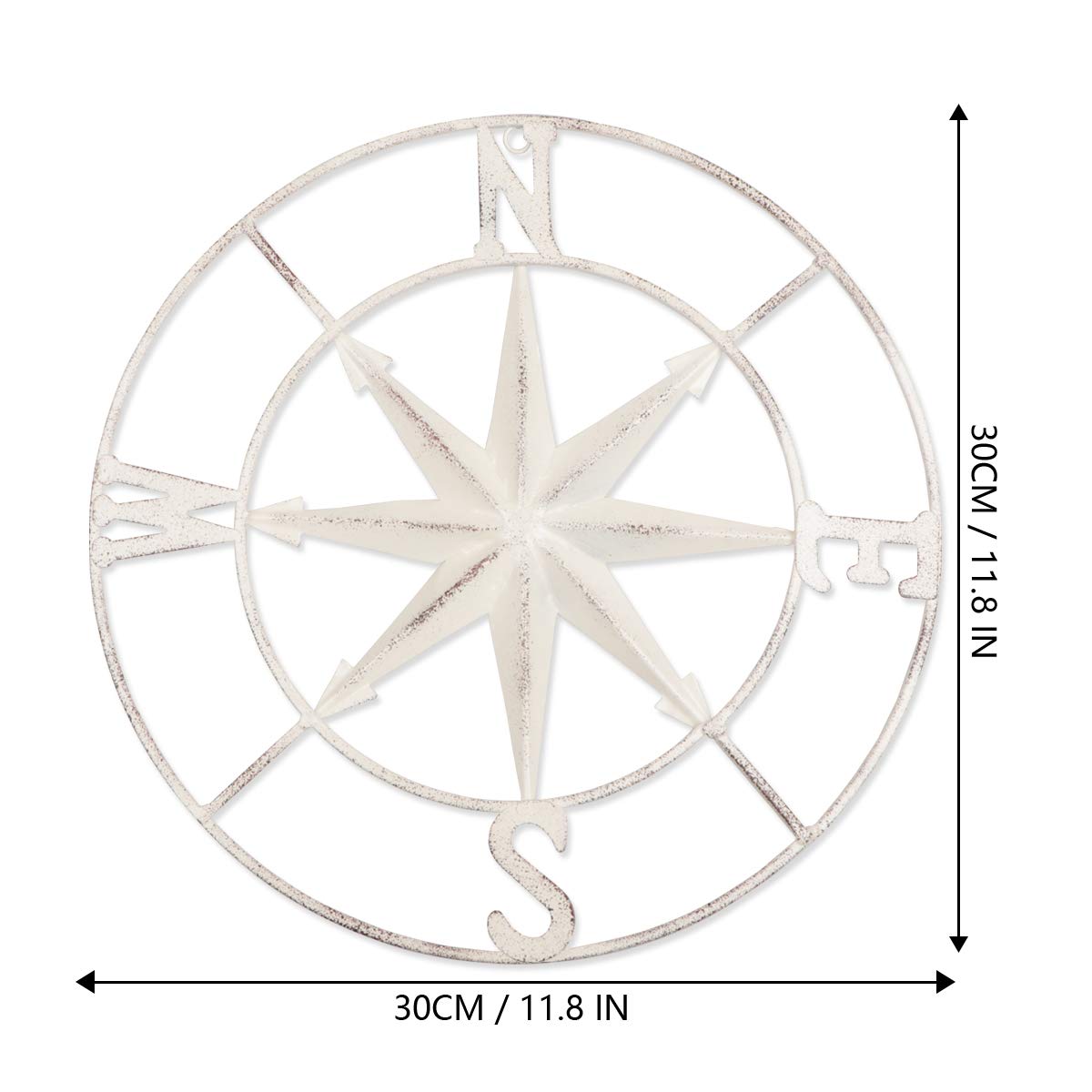 YIYA 11.8" Distressed Metal Compass Decoration Metal Decorative Compass for Nautical Decoration Bedroom Living Room Garden Office Wall Hanging Beach Theme Home Decoration (White)