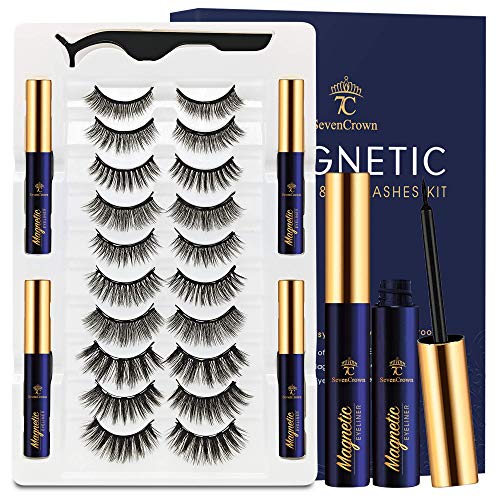 3D Magnetic Eyelashes Natural Look with Eyeliner Kit - 7C SEVENCROWN Magnetic Lashes - Upgraded 4 tubes of Magnetic Liner - 10 Pairs Reusable False Magnetic Eyelash Kit with Applicator Easy to Apply.