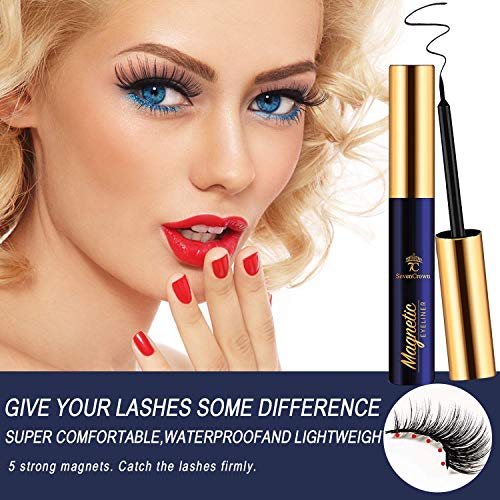 3D Magnetic Eyelashes Natural Look with Eyeliner Kit - 7C SEVENCROWN Magnetic Lashes - Upgraded 4 tubes of Magnetic Liner - 10 Pairs Reusable False Magnetic Eyelash Kit with Applicator Easy to Apply.