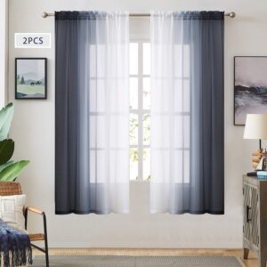 dark grey ombre faux linen sheer curtains for bedroom living room rod pocket, 2 tone reversible gradient voile semi window curtains,privacy and light filtering, set of 2 panels, 54 x 63 inch length