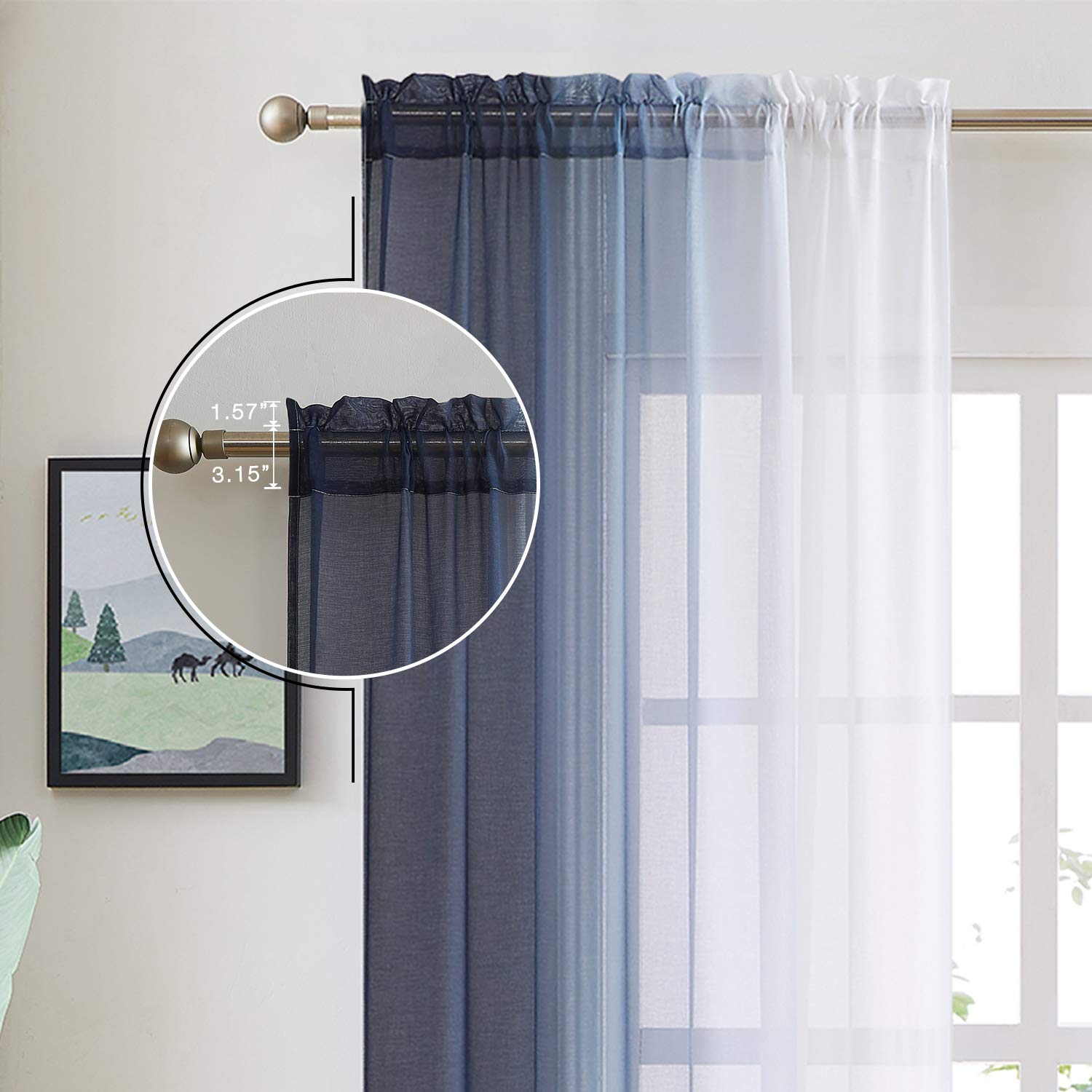 Dark Grey Ombre Faux Linen Sheer Curtains for Bedroom Living Room Rod Pocket, 2 Tone Reversible Gradient Voile Semi Window Curtains,Privacy and Light Filtering, Set of 2 Panels, 54 x 63 Inch Length