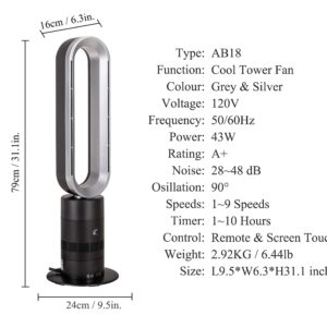 Ocean Loong AB18G Bladeless Tower Fan, 9 Speeds & 32 inchs Leafless Fan with Remote Control,Air Circulator Fan for Home Air Conditioner, Grey/Silver