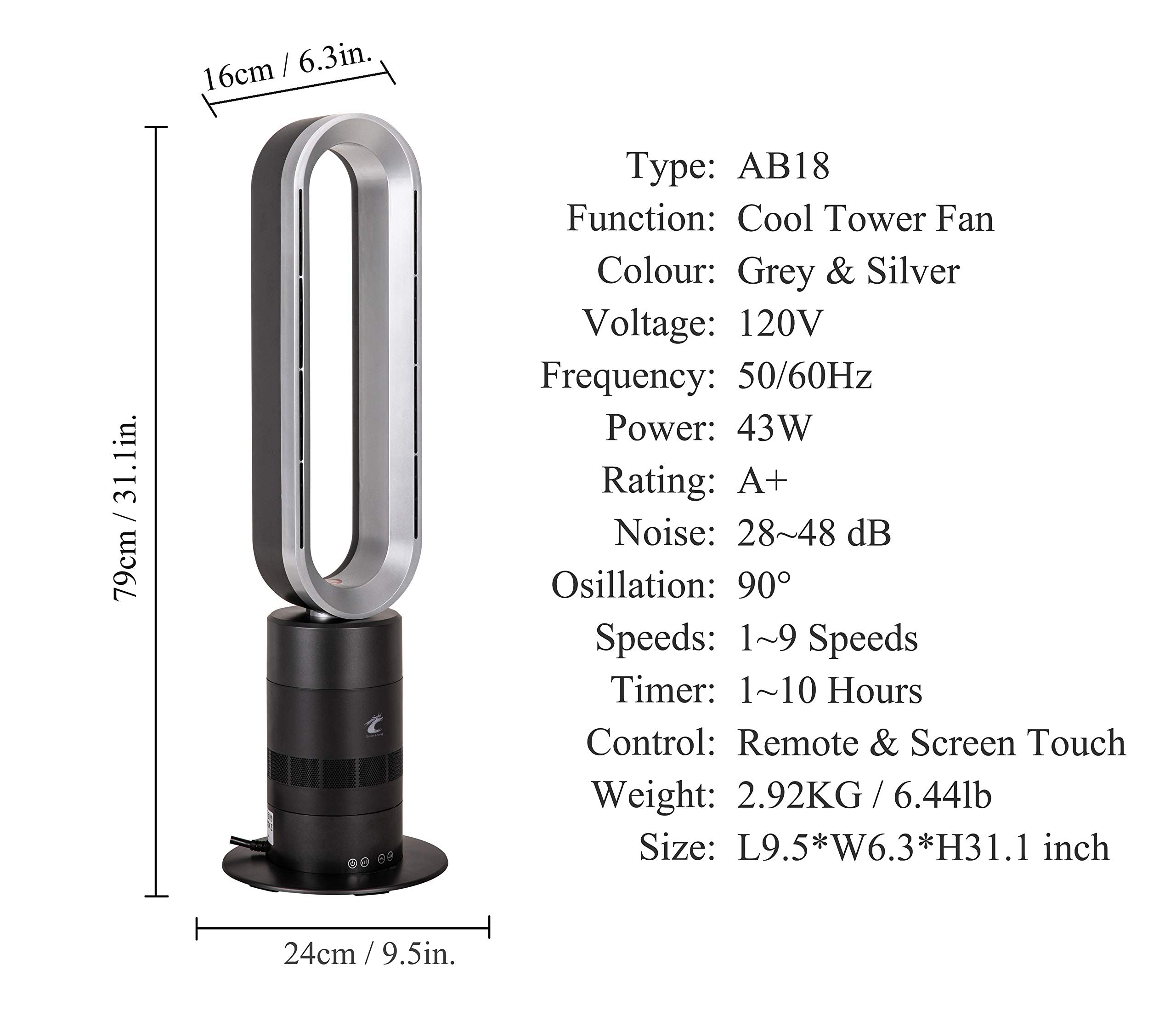 Ocean Loong AB18G Bladeless Tower Fan, 9 Speeds & 32 inchs Leafless Fan with Remote Control,Air Circulator Fan for Home Air Conditioner, Grey/Silver