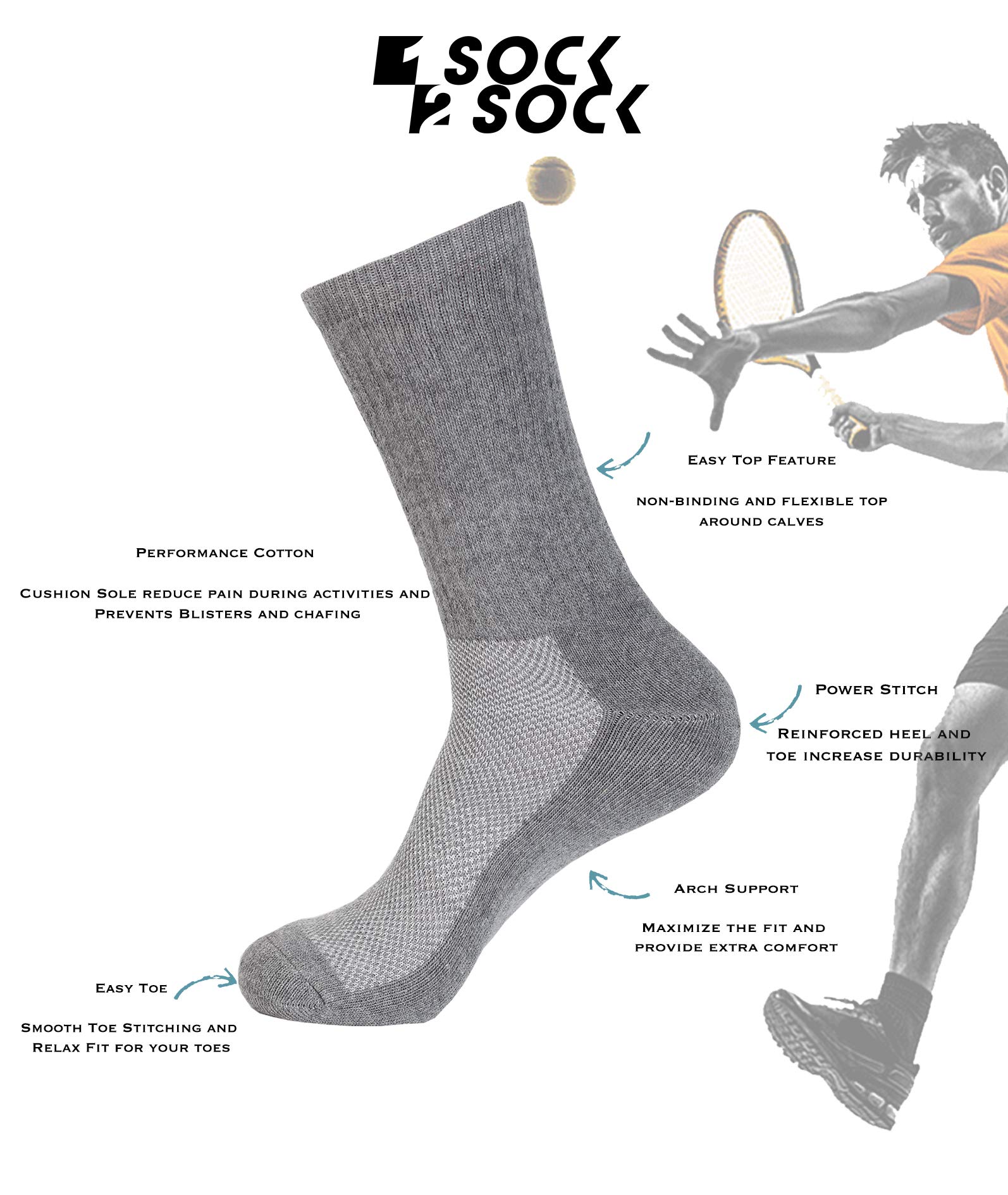 1SOCK2SOCK 6 Pack Performance Cotton Cushion Crew Athletic Sport Socks Moisture Wicking Arch Support Band Grey