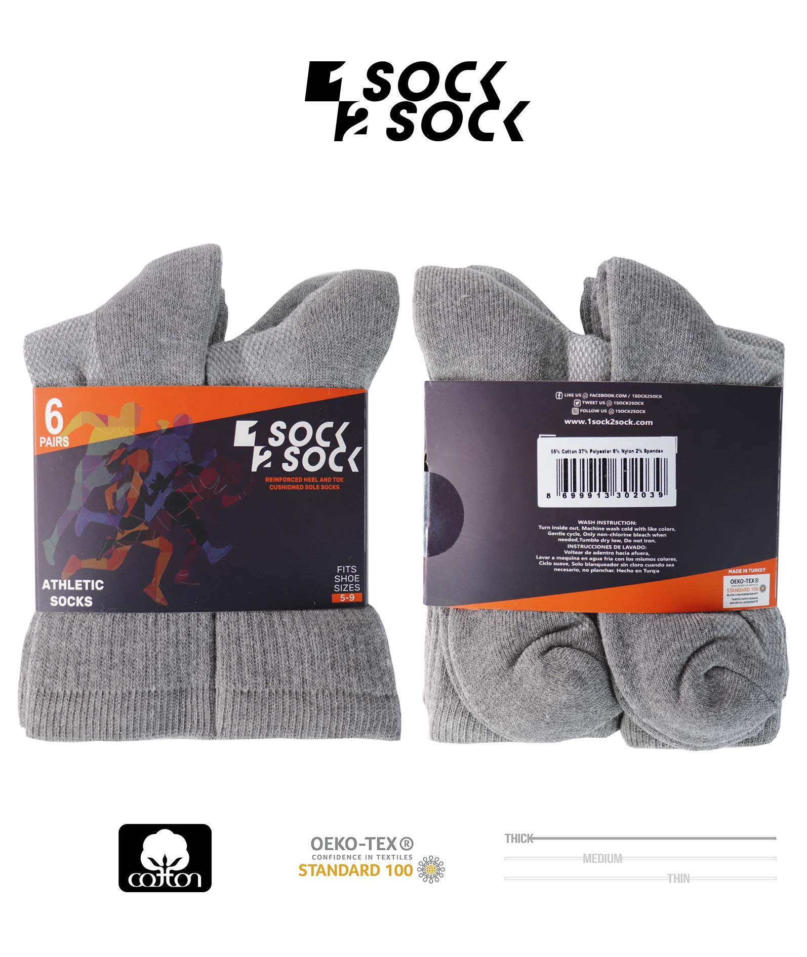 1SOCK2SOCK 6 Pack Performance Cotton Cushion Crew Athletic Sport Socks Moisture Wicking Arch Support Band Grey