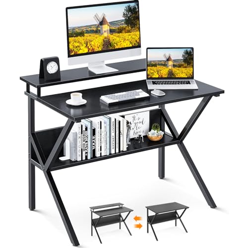 ODK Small Desk, 27.5 Inch Small Computer Desk for Small Spaces, Compact Desk with Storage, Tiny Desk Study Desk with Monitor Stand for Home Office, Rustic Brown