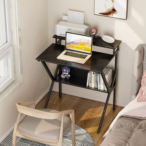 ODK Small Desk, 27.5 Inch Small Computer Desk for Small Spaces, Compact Desk with Storage, Tiny Desk Study Desk with Monitor Stand for Home Office, Rustic Brown