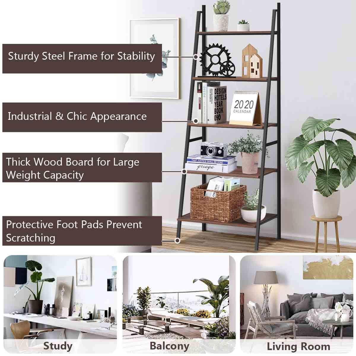 Tangkula Ladder Shelf, 4 Tier Industrial Bookcase, Multifunctional Display Bookshelf, Wooden Look Plant Flower Stand with Metal Frame, Decor Furniture for Home Office