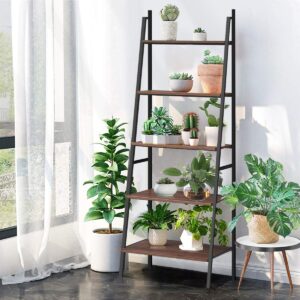 Tangkula Ladder Shelf, 4 Tier Industrial Bookcase, Multifunctional Display Bookshelf, Wooden Look Plant Flower Stand with Metal Frame, Decor Furniture for Home Office