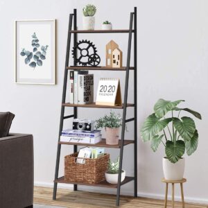 Tangkula Ladder Shelf, 4 Tier Industrial Bookcase, Multifunctional Display Bookshelf, Wooden Look Plant Flower Stand with Metal Frame, Decor Furniture for Home Office