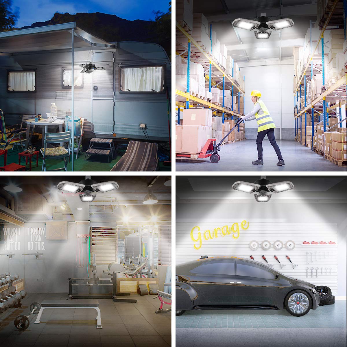 Vanja LED Garage Ceiling Light, 60W LED Deformable Light with 3 Adjustable Panels, 7200 LM E26/E27 Shop Light for Garage, Warehouse, Barn, Workshop(No Sensor)