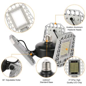 Vanja LED Garage Ceiling Light, 60W LED Deformable Light with 3 Adjustable Panels, 7200 LM E26/E27 Shop Light for Garage, Warehouse, Barn, Workshop(No Sensor)