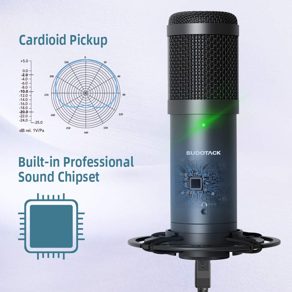 SUDOTACK USB Streaming PC Microphone, Zero-Latency Monitoring Professional 192kHz/24Bit Studio Cardioid Condenser Mic Kit with Mute Button, for Podcasting,Gaming,Home Recording,YouTube