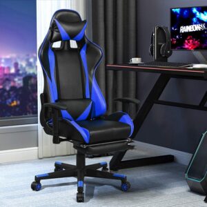 homemake furniture gaming chair, racing office computer game chair, ergonomic game chair, racing style with 90° adjustable reclining chair and retractable footrest, blue and black