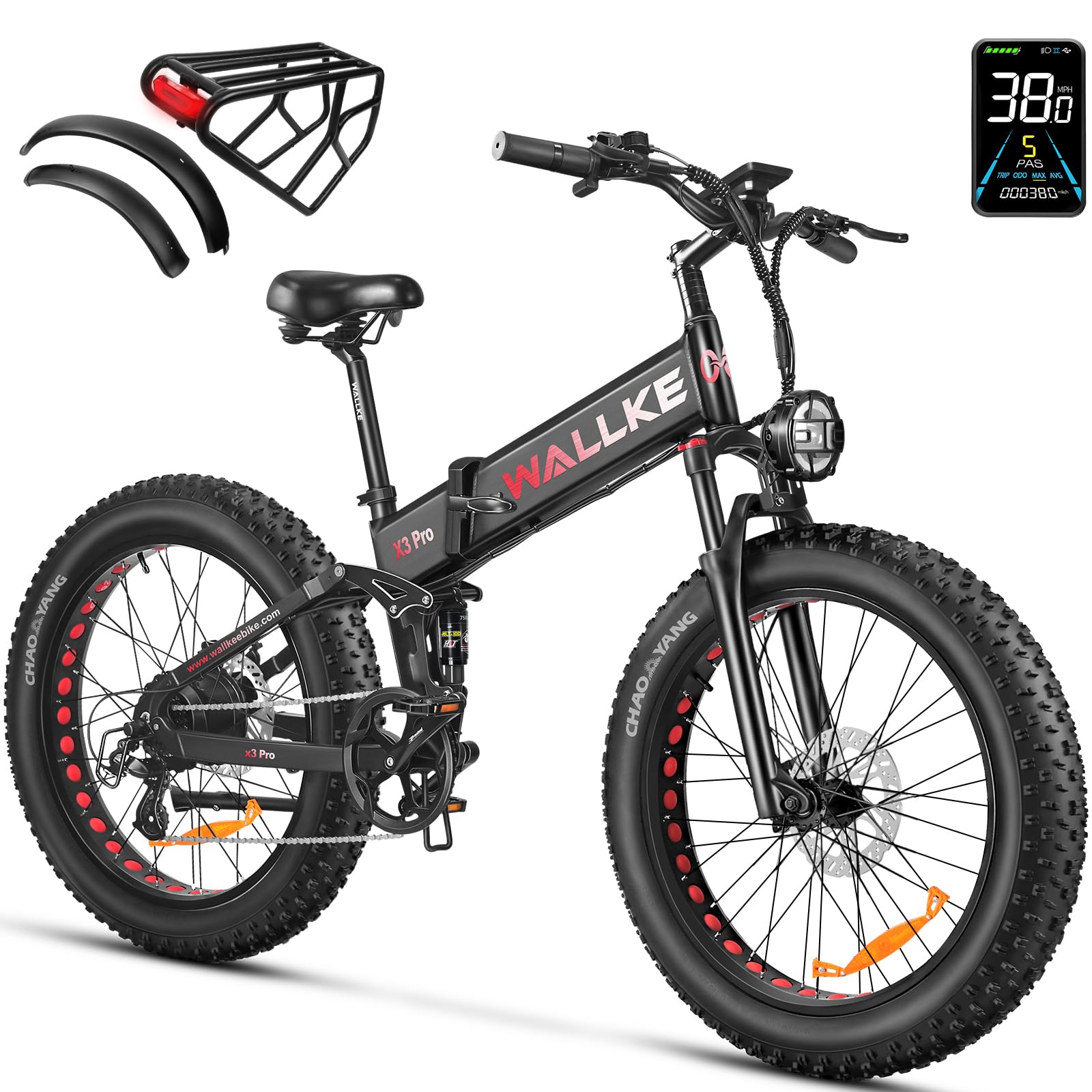 W Wallke X3 Pro Electric Bike for Adults Folding 750W-Exceed 1000W Standard Max Speed 32MPH 48V 20AH 26 Inch Fat Tire EBike Mountain Electric Bicycle Full Suspension 7-Speed