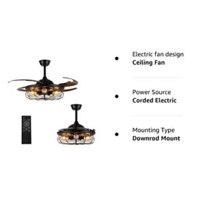 Siljoy Retractable Ceiling Fan with Lights Black Industrial Caged Ceiling Fan with Remote Controller Farmhouse Chandelier Fan with Lights for Living Room Bedroom Patio (48 Inches, 5 Lights)