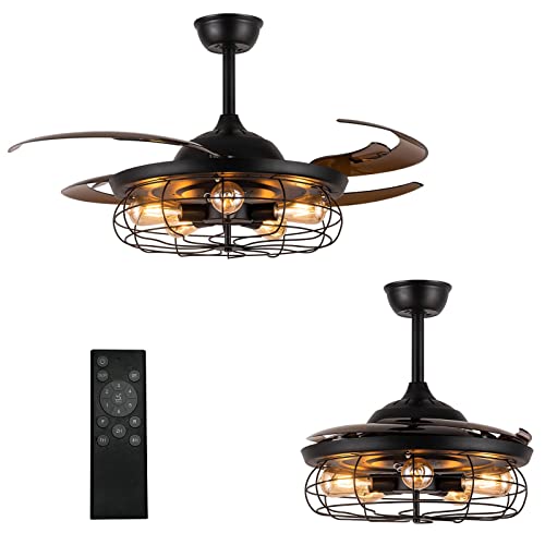 Siljoy Retractable Ceiling Fan with Lights Black Industrial Caged Ceiling Fan with Remote Controller Farmhouse Chandelier Fan with Lights for Living Room Bedroom Patio (48 Inches, 5 Lights)