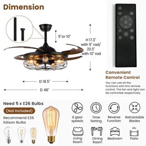 Siljoy Retractable Ceiling Fan with Lights Black Industrial Caged Ceiling Fan with Remote Controller Farmhouse Chandelier Fan with Lights for Living Room Bedroom Patio (48 Inches, 5 Lights)