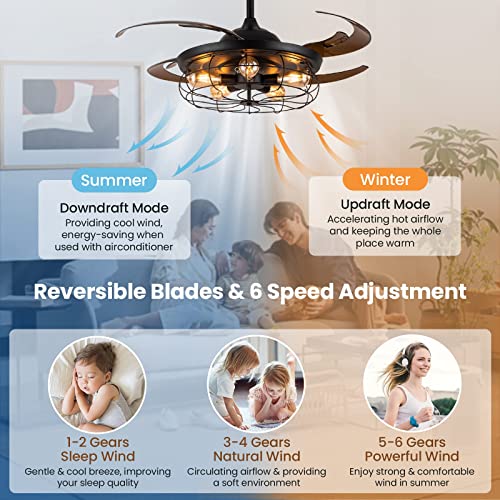 Siljoy Retractable Ceiling Fan with Lights Black Industrial Caged Ceiling Fan with Remote Controller Farmhouse Chandelier Fan with Lights for Living Room Bedroom Patio (48 Inches, 5 Lights)