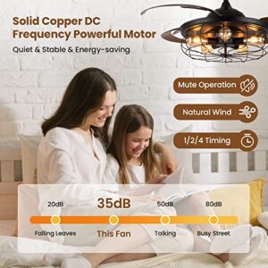 Siljoy Retractable Ceiling Fan with Lights Black Industrial Caged Ceiling Fan with Remote Controller Farmhouse Chandelier Fan with Lights for Living Room Bedroom Patio (48 Inches, 5 Lights)