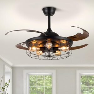 Siljoy Retractable Ceiling Fan with Lights Black Industrial Caged Ceiling Fan with Remote Controller Farmhouse Chandelier Fan with Lights for Living Room Bedroom Patio (48 Inches, 5 Lights)