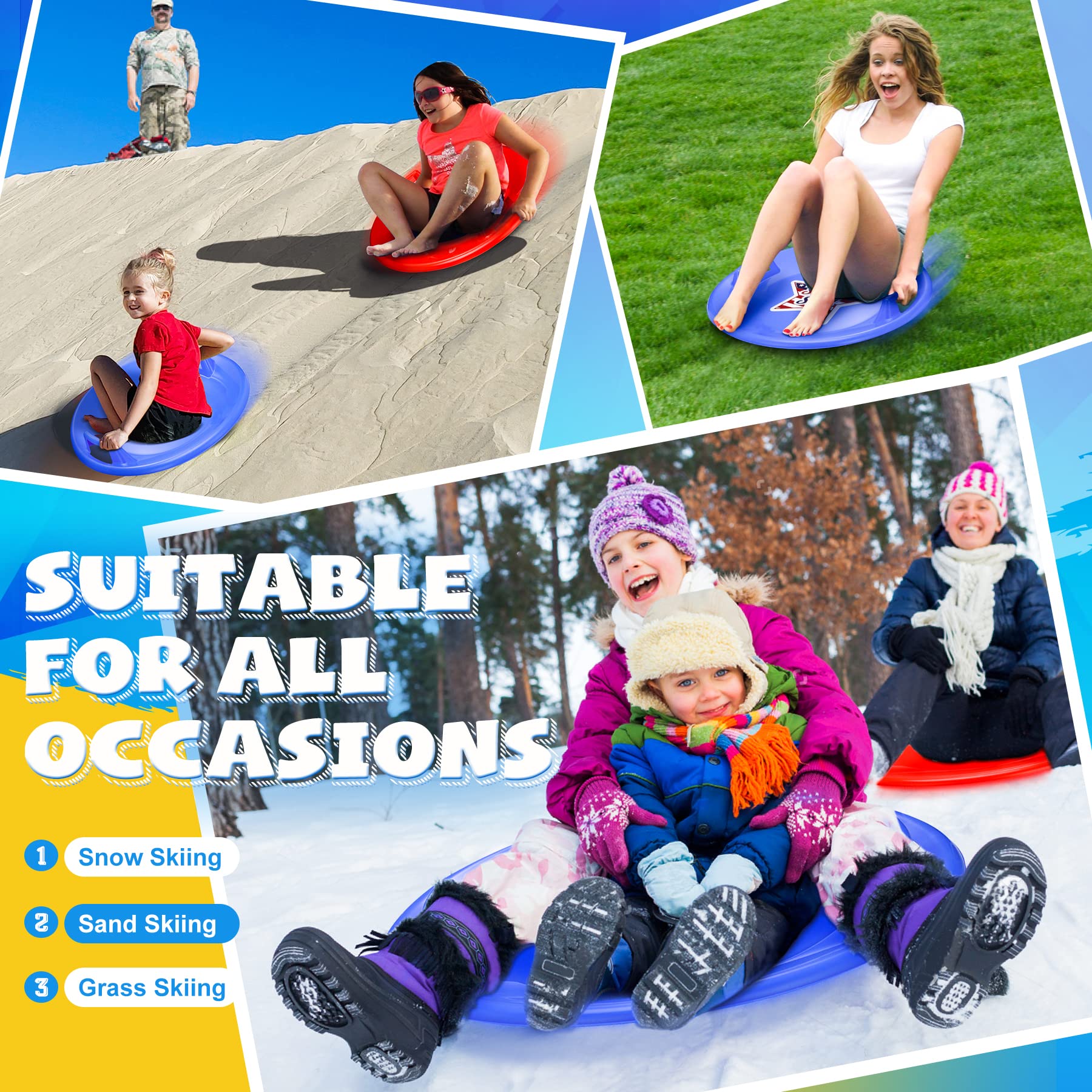 27” 2 Pack Snow Sled for Kids Heavy-Duty Downhill Plastic Sled Cold Resistant Toboggan Sled Outdoor 1-2 Rider Snow Sleds for Adults Durable Saucer Sleds with 2 Handles Round Sled Discs for Winter