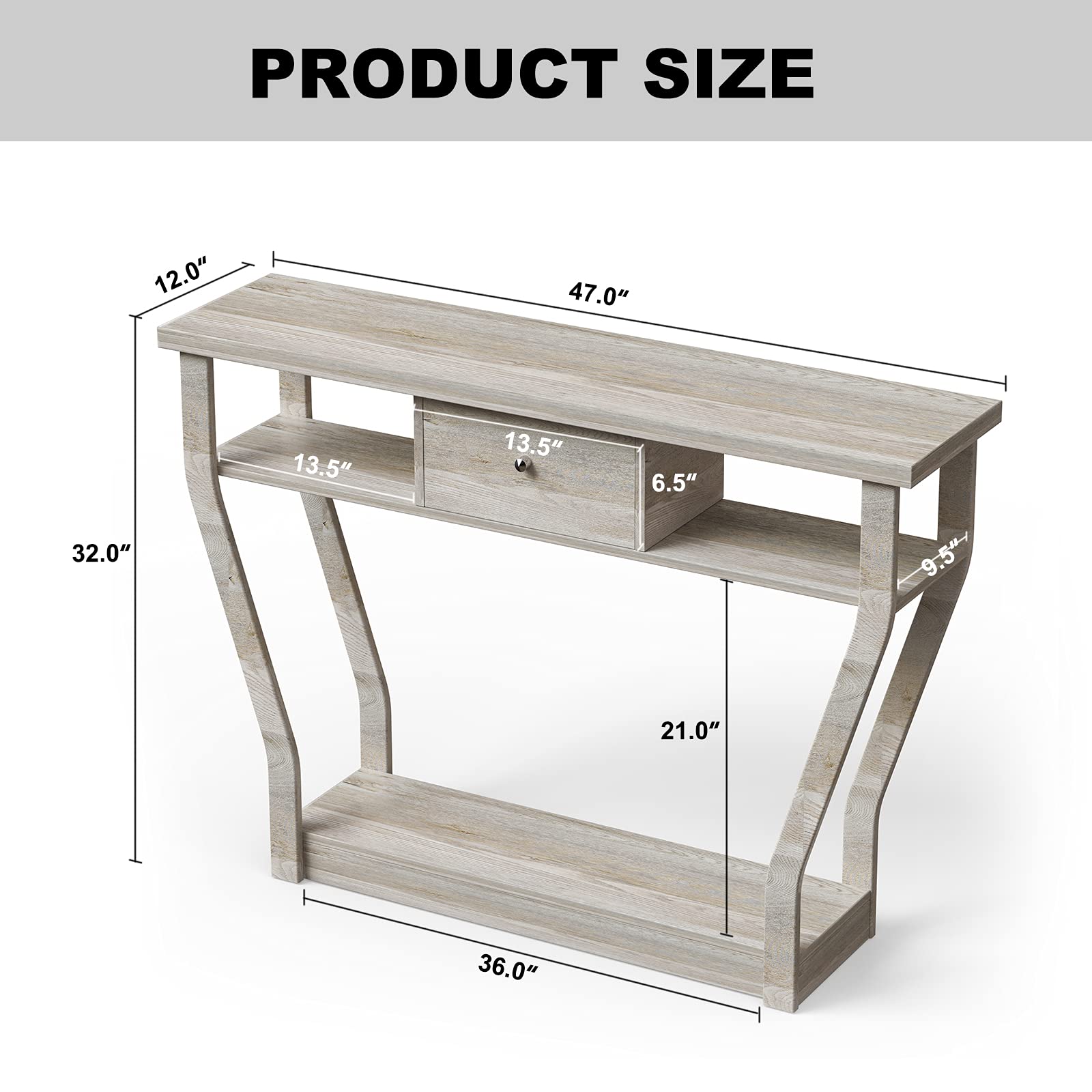 WATERJOY 47" Wooden Entryway Table with Drawer and Shelf, Accent Tables for Living Room Hallway