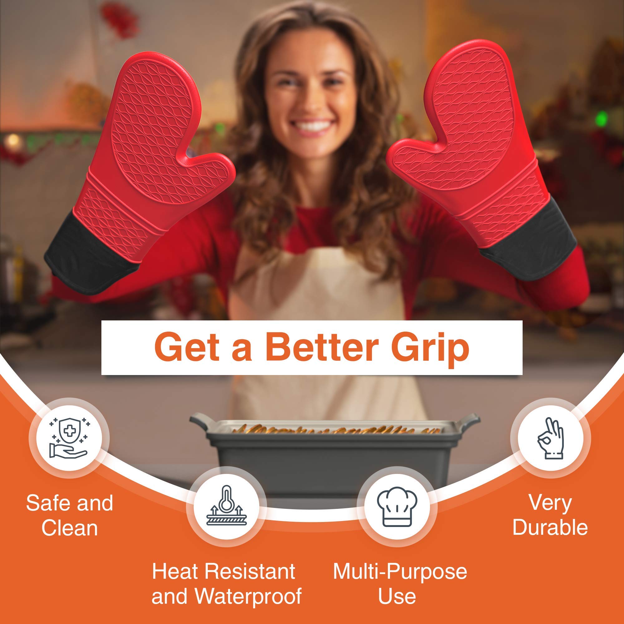 Tribal Cooking Extra Long Oven Mitts - Silicone Oven Mitt Set - Heat Resistant Mittens and Pot Holders - Silicone Kitchen Baking Gloves - Heat Resistance to 500 Degrees, Non Slip, Double Layered