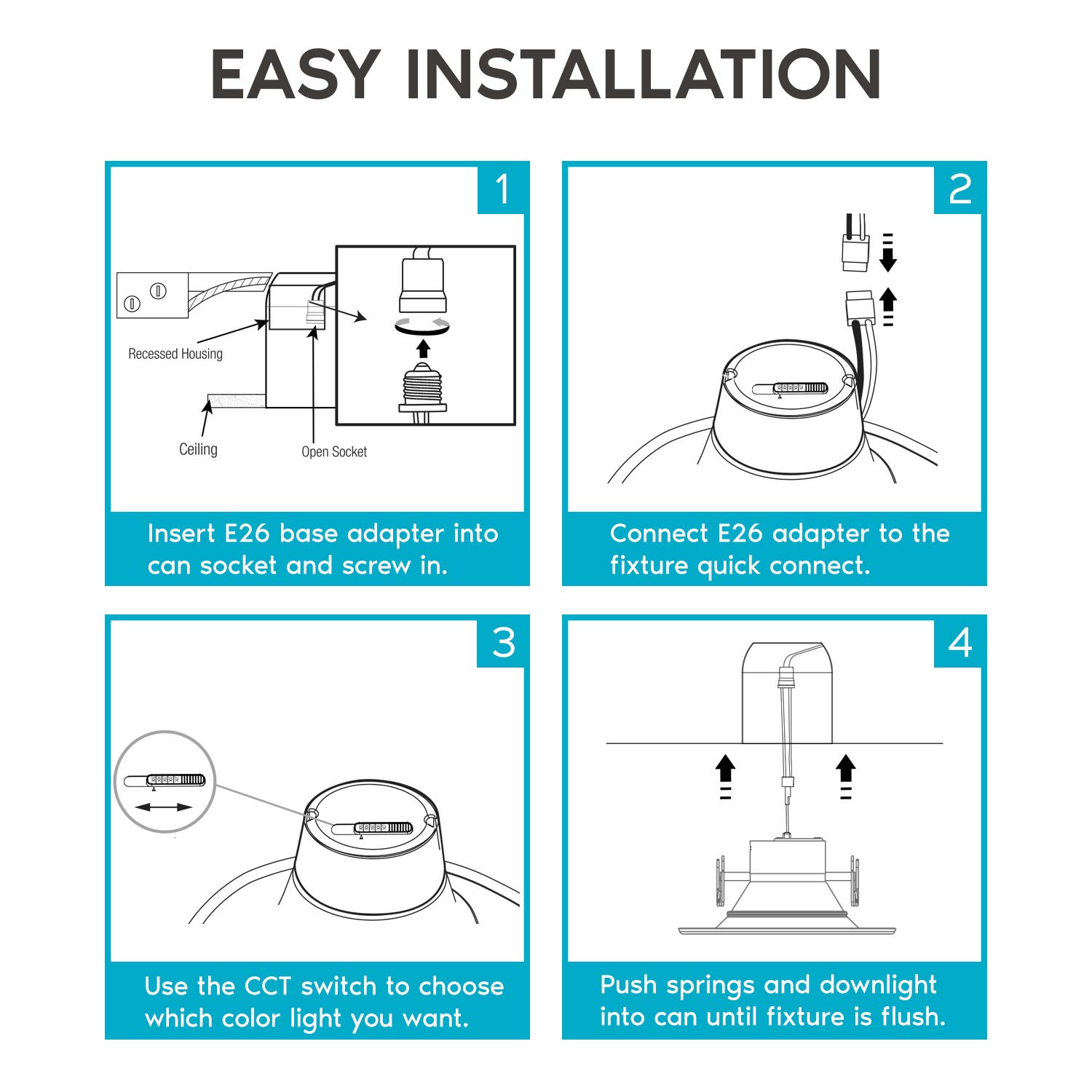 LUXRITE 5/6 Inch LED Recessed Retrofit Downlight, 14W=90W, CCT Color Selectable 2700K | 3000K | 3500K | 4000K | 5000K, Dimmable Can Light, 1100 Lumens, Wet Rated, Energy Star, Baffle Trim (4 Pack)