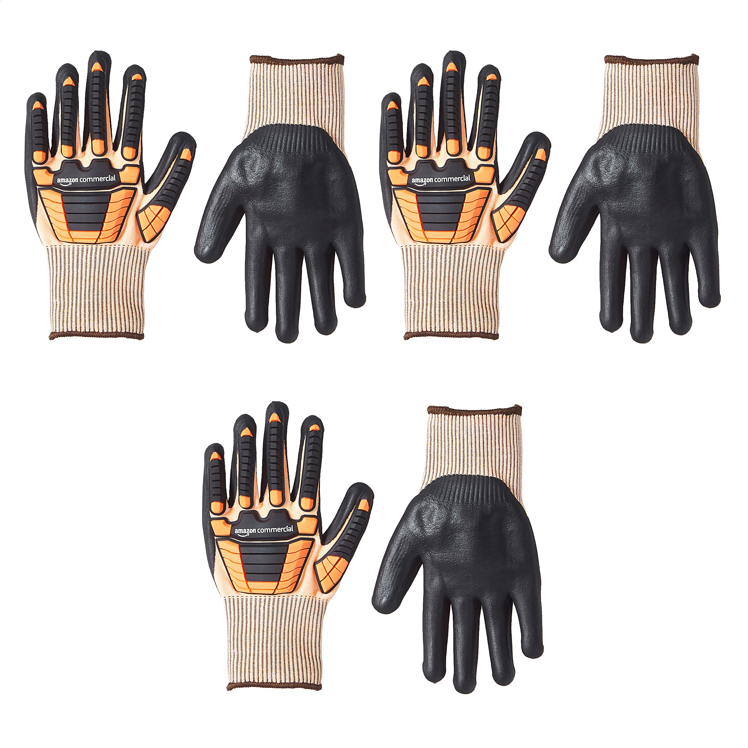 AmazonCommercial 13G Goldsilk & Foam Nitrile Gloves with Impact Protection (Orange/Black), Size L, 3-Pairs