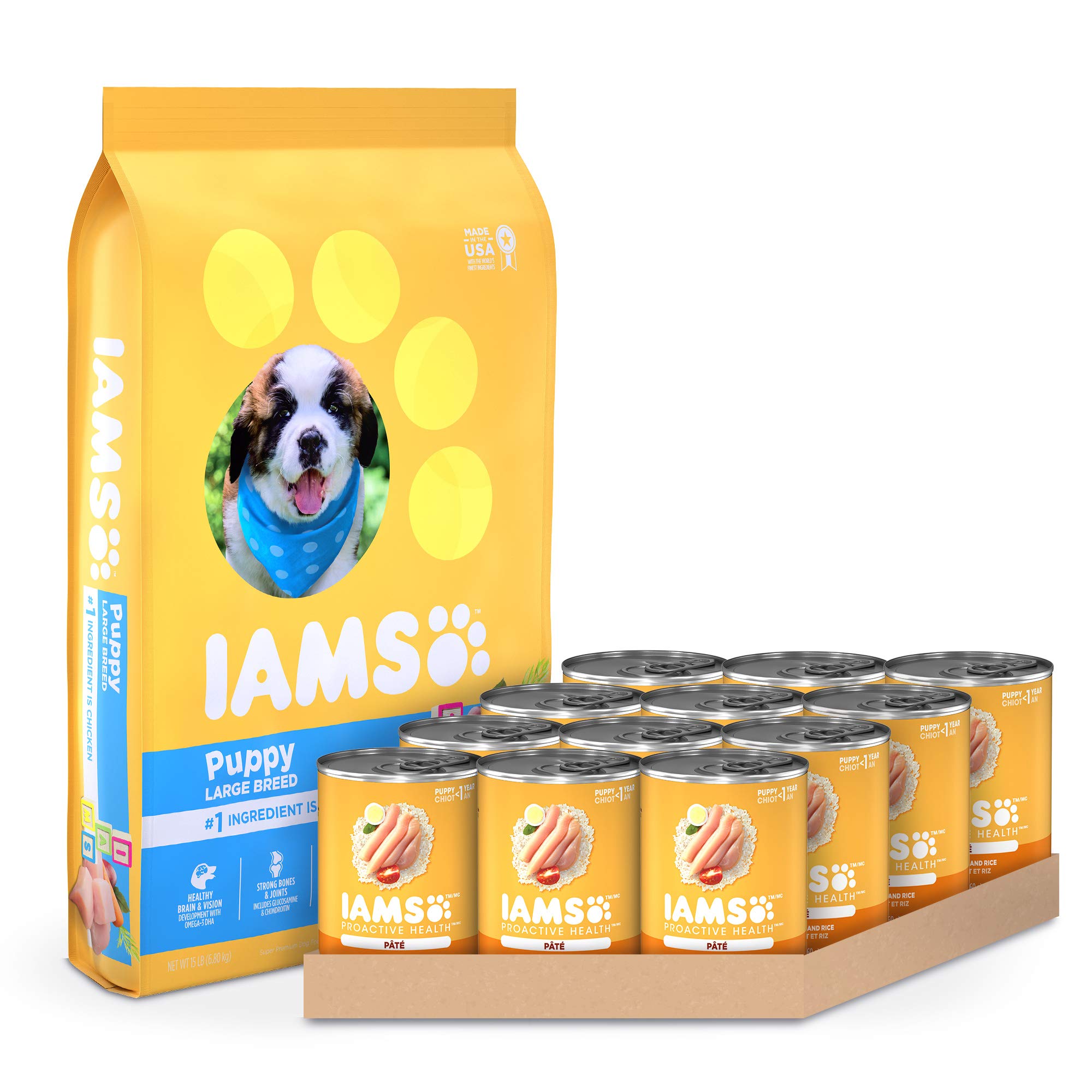 IAMS Proactive Health Smart Puppy Dry Dog Food and Pate Wet Dog Food Cans, Chicken Recipes