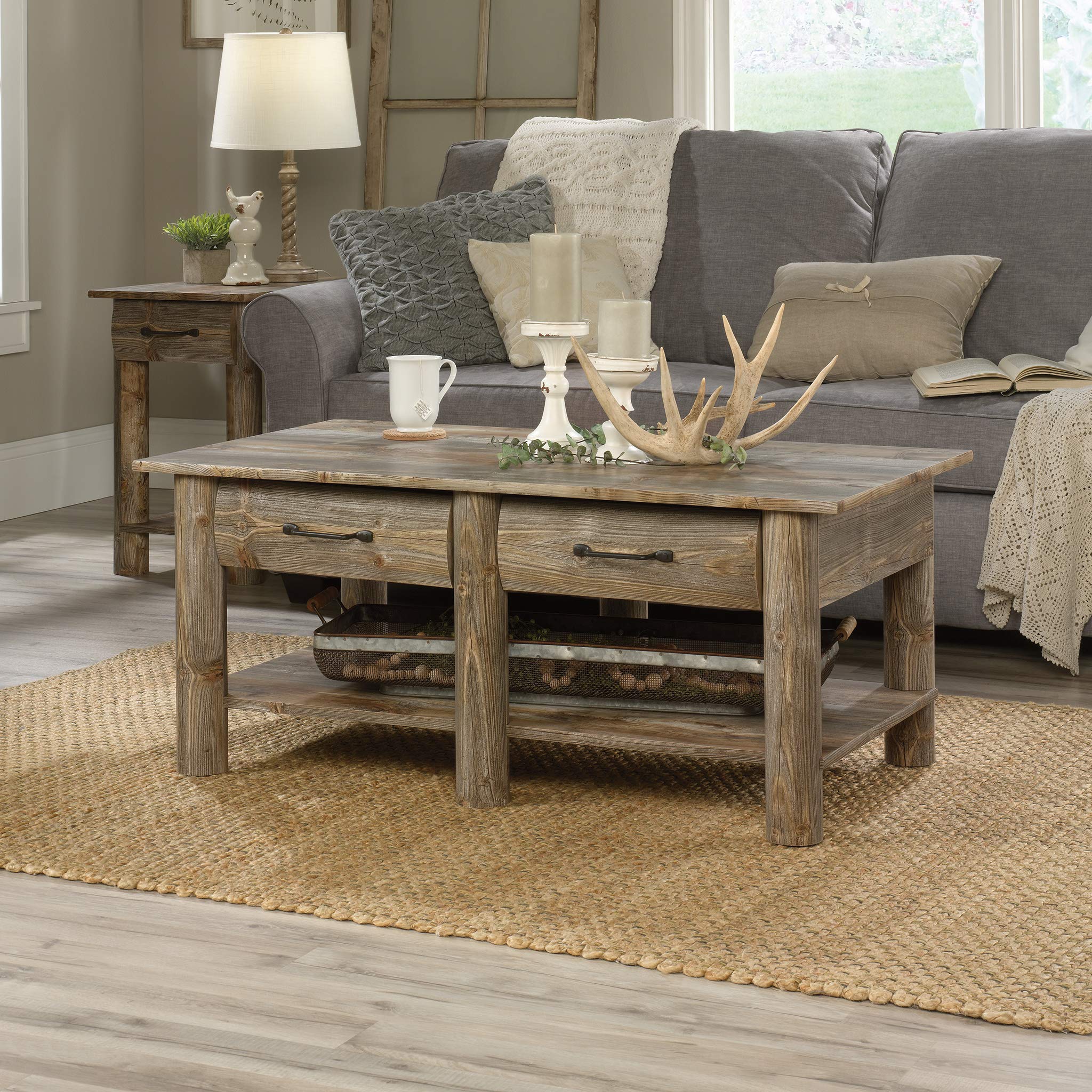 Sauder Boone Mountain Coffee Table, L: 43.07" x W: 23.47" x H: 17.95", Rustic Cedar Finish