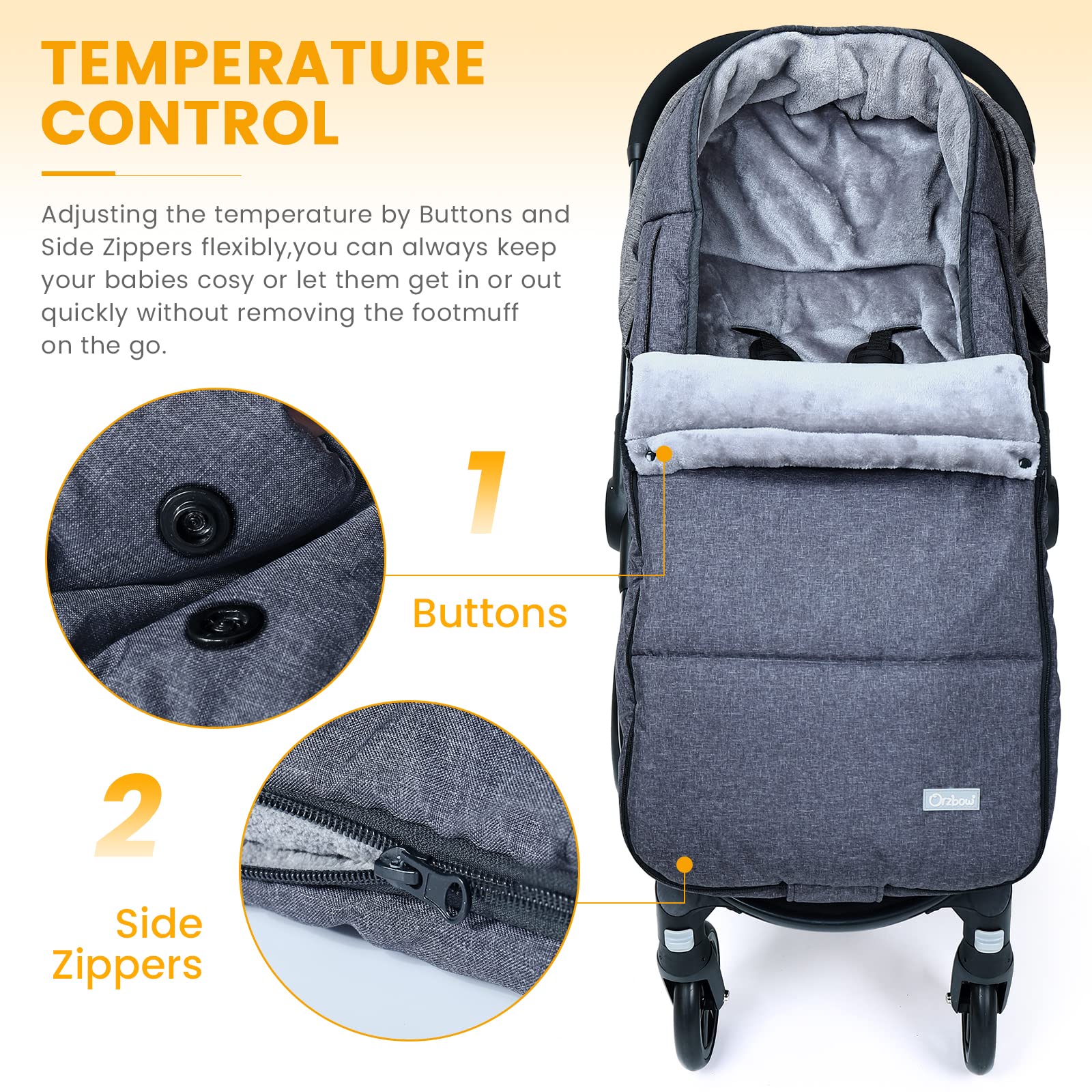 Orzbow Footmuff for Stroller,Weatherproof Anti-Kick Universal Toddler Sleeping Bag,Removable Warm Coral Fleece Lined Stroller Bunting Bag Footmuff(Light Gray)