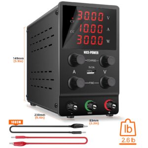 NICE-POWER DC Power Supply Variable: 30V 10A Adjustable Switching Regulated High Precision 4-Digits LED Display 5V/2A USB Port Test Lead Output & Input Power Cord Bench Lab Power Supplies