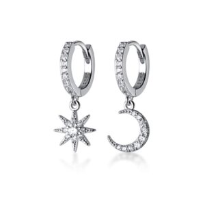 sluynz 925 sterling silver sparkling cz star moon small hoop earrings for girls women asymmetric star moon huggie earrings (a-silver)