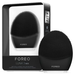 foreo luna 3 men silicone facial cleansing & firming massage brush for skin and beard, shave prep, ultra-hygienic,16 intensities, 650 uses/usb charge, app-connected, waterproof, 2-year warranty